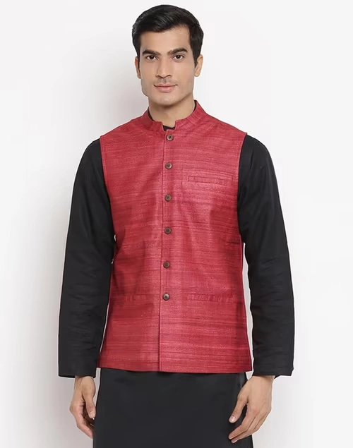 Red Silk Nehru Jacket - Fabindia
